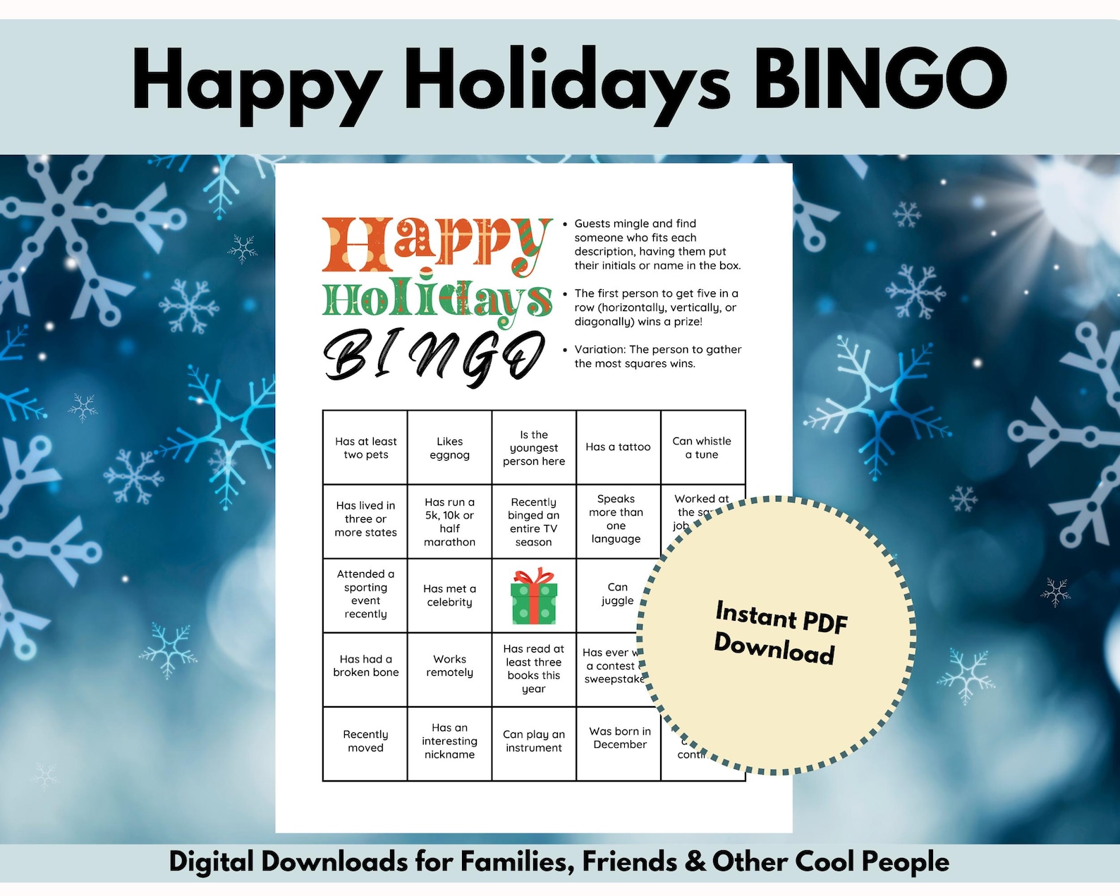 Happy Holiday Bingo, Get to Know You, Family Game Night, Find the Guest ...