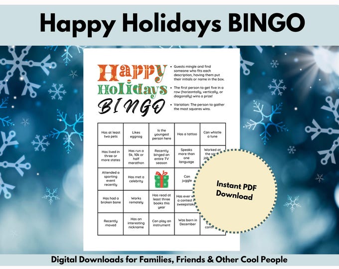 Happy Holiday Bingo, Get to Know You, Family Game Night, Find the Guest ...