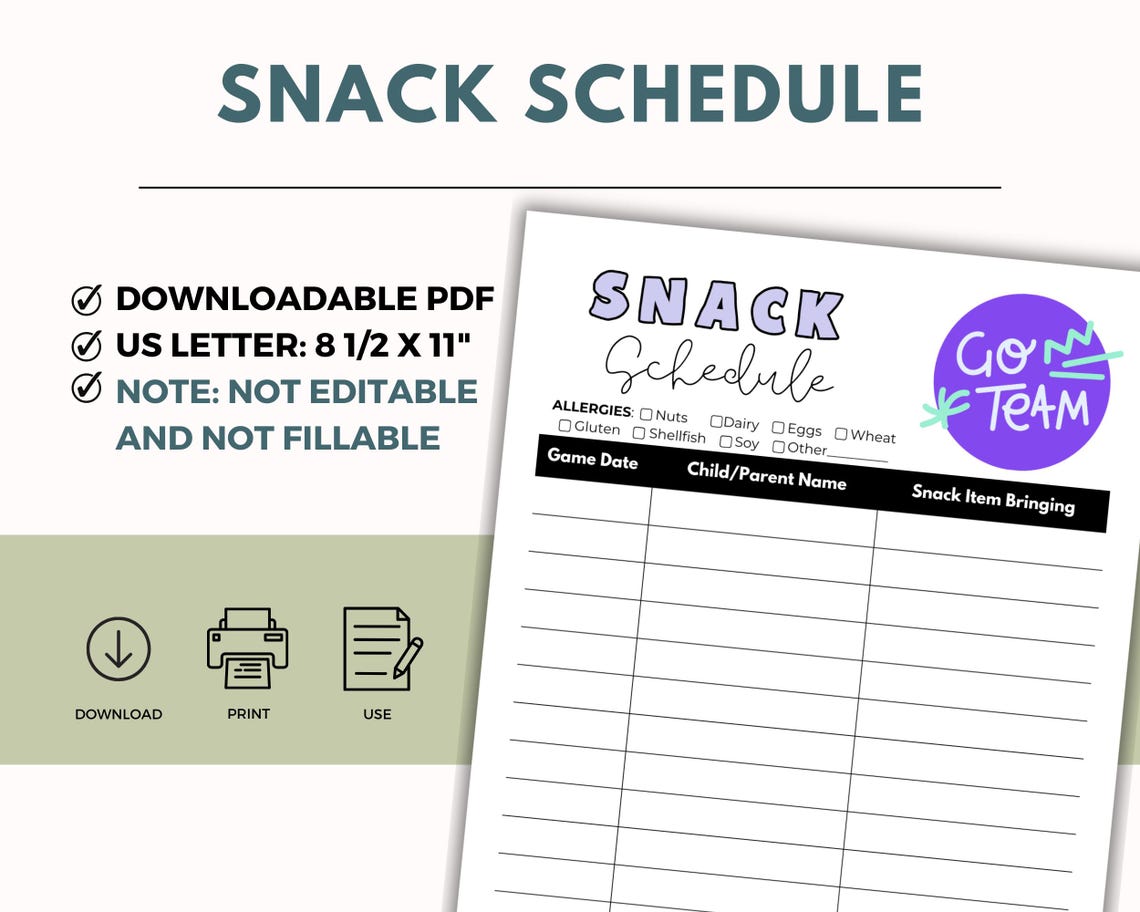 Team Snack Sign up Sheet, Sports Team Snack Sign Up, Food List, Allergy ...