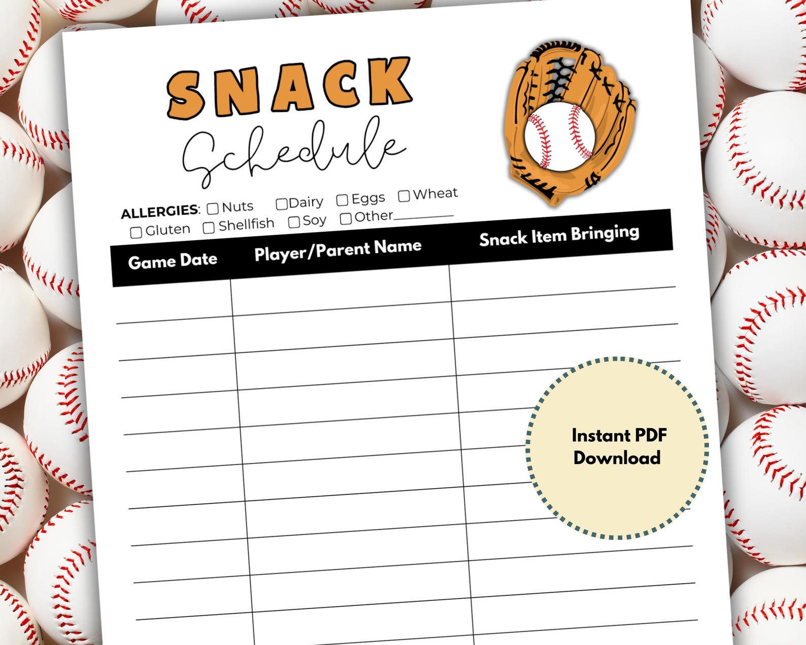 Baseball Softball Snack Sign up Sheet With Allergy Safe Info, Game Day ...