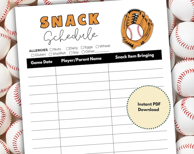 Baseball Softball Snack Sign up Sheet With Allergy Safe Info, Game Day ...