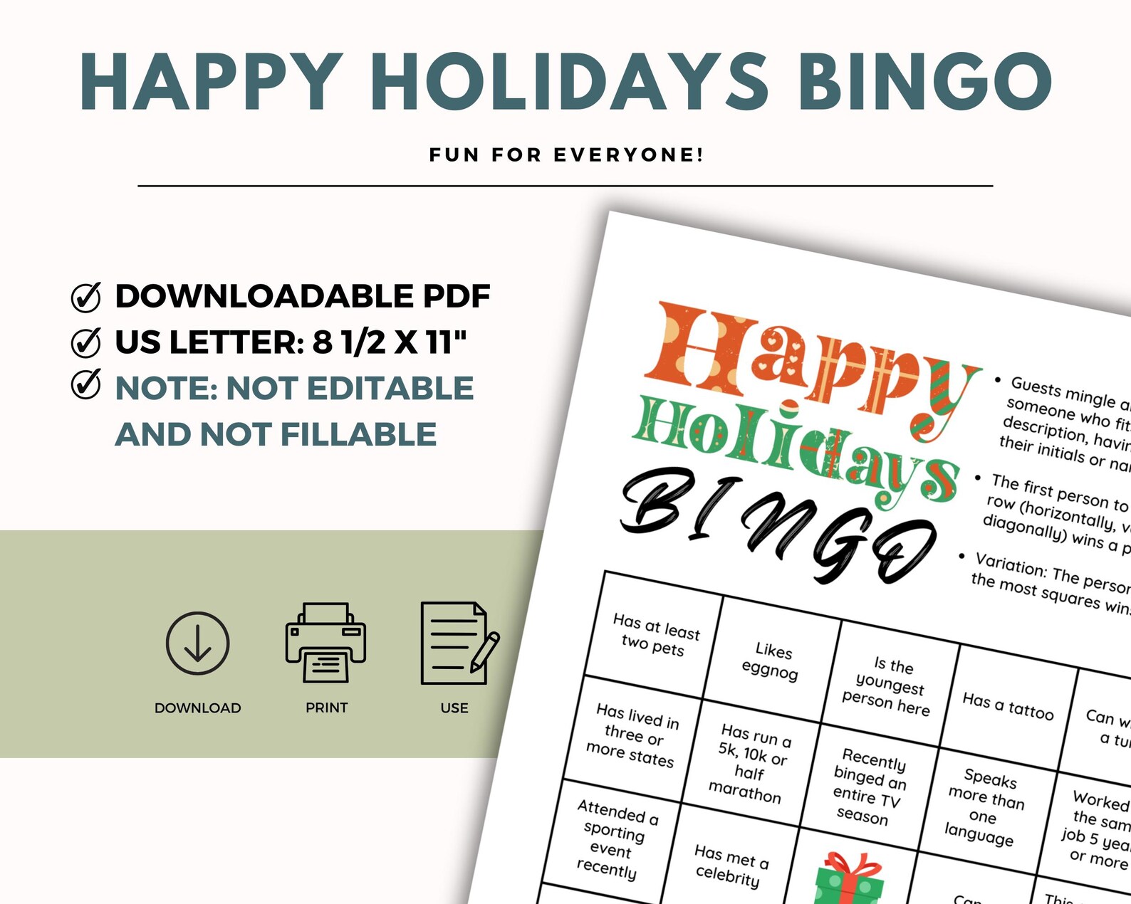 Happy Holiday Bingo, Get to Know You, Family Game Night, Find the Guest ...