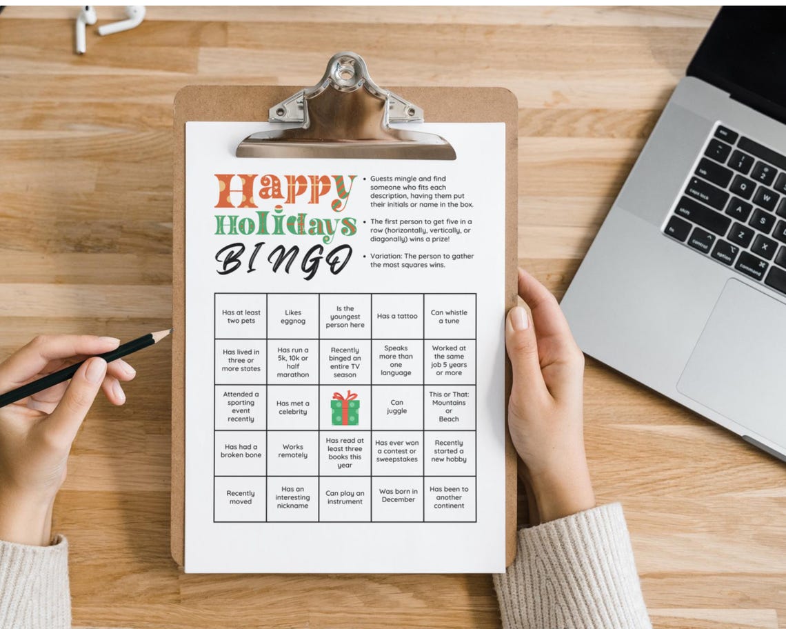 Happy Holiday Bingo, Get to Know You, Family Game Night, Find the Guest ...