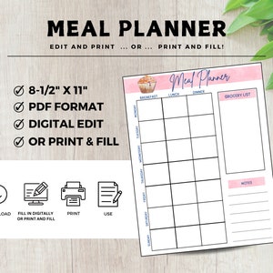 Meal Planner Bundle of 4 Editable Pdfs, Menu Planner and Grocery List ...