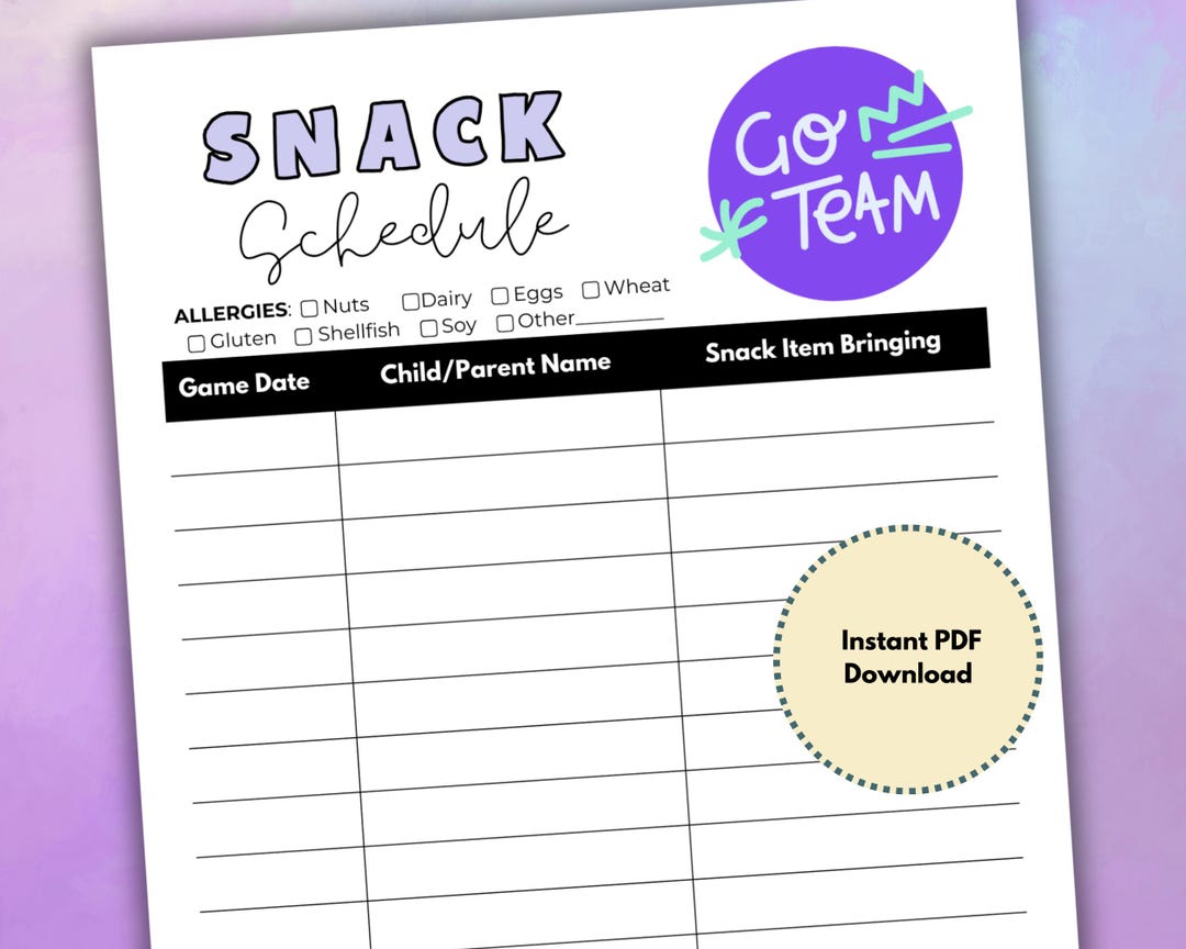 Team Snack Sign up Sheet, Sports Team Snack Sign Up, Food List, Allergy ...