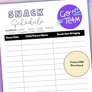 Team Snack Sign up Sheet, Sports Team Snack Sign Up, Food List, Allergy ...