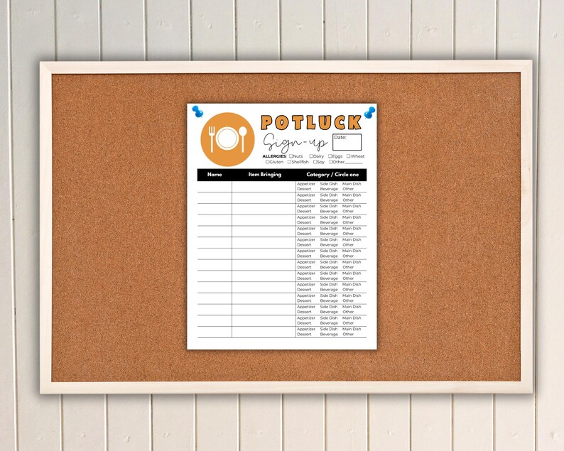 Potluck Sign up Sheet With Allergy Safe Info, Office Party Potluck ...
