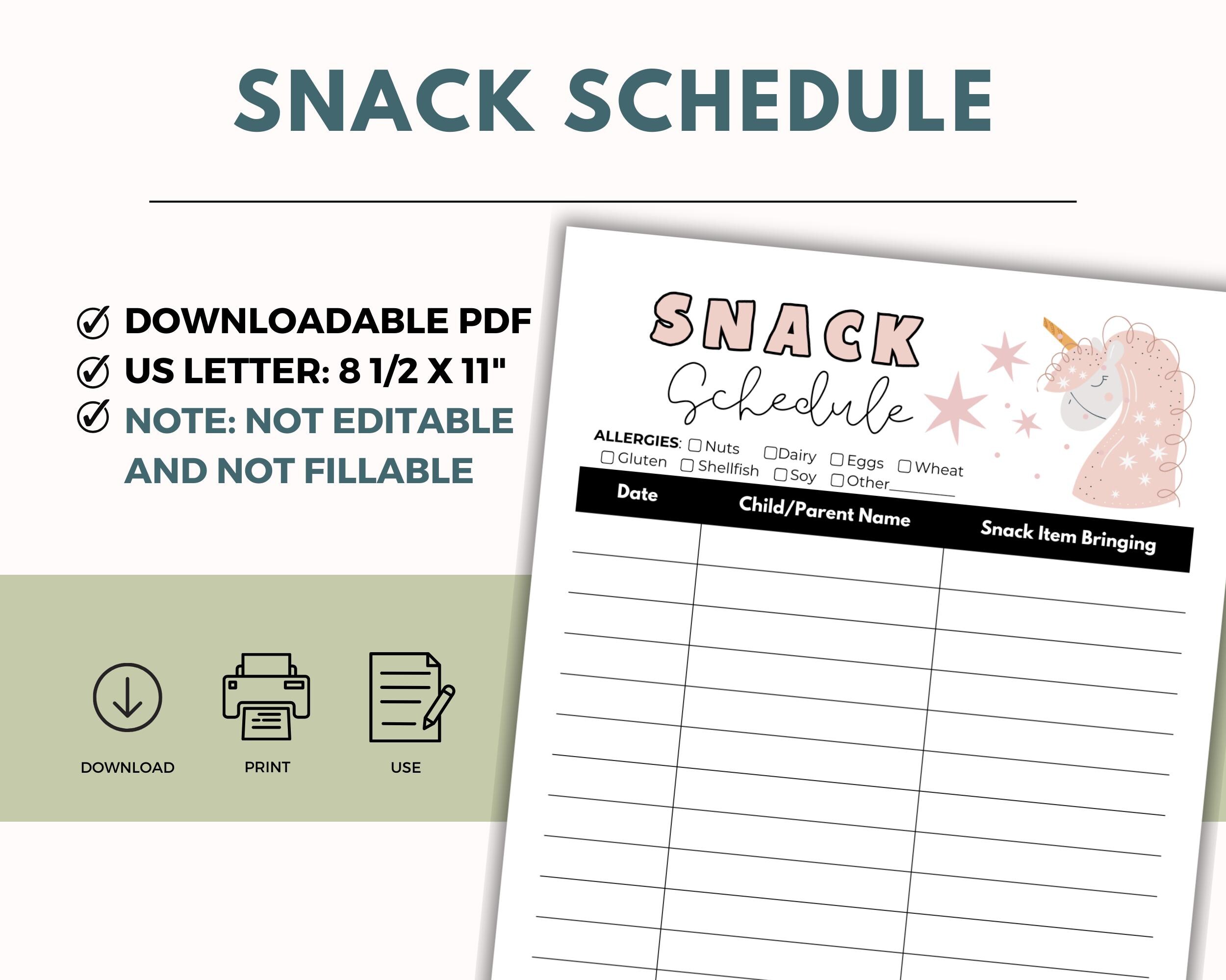 Preschool Snack Sign up Sheet With Allergy Info, Unicorn Snack Sign up ...