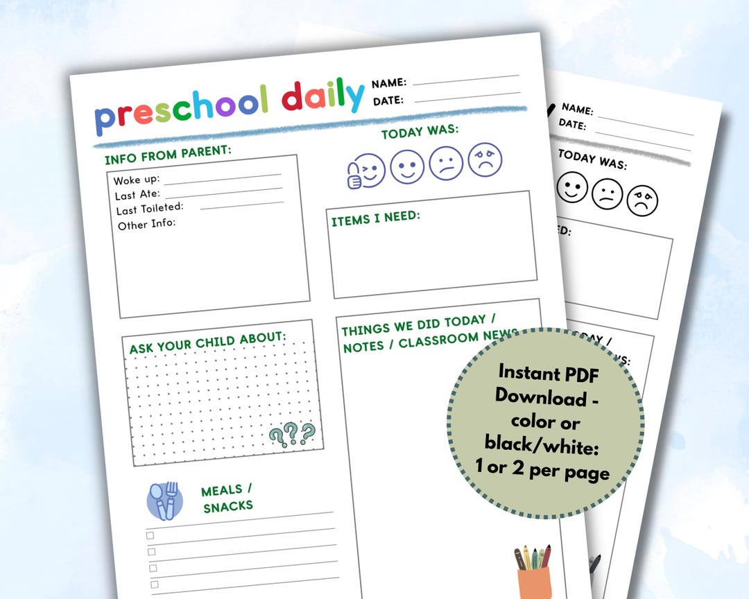 Preschool Daily Report Log for Child Care Center Teachers, Family ...
