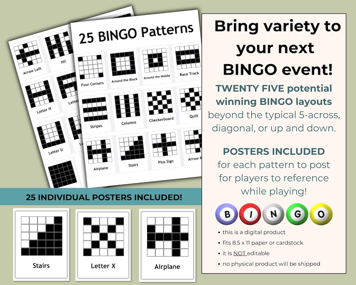 25 BINGO Patterns and a Poster for Each Pattern to Use on BINGO Game ...