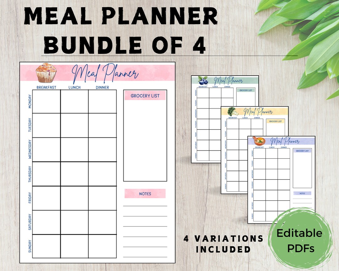 Meal Planner Bundle of 4 Editable Pdfs, Menu Planner and Grocery List ...
