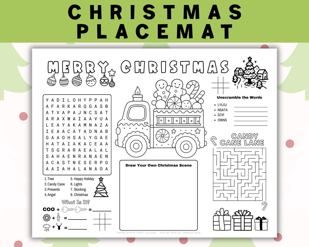 Kids Christmas Coloring Placemat, Christmas Activity, Classroom ...