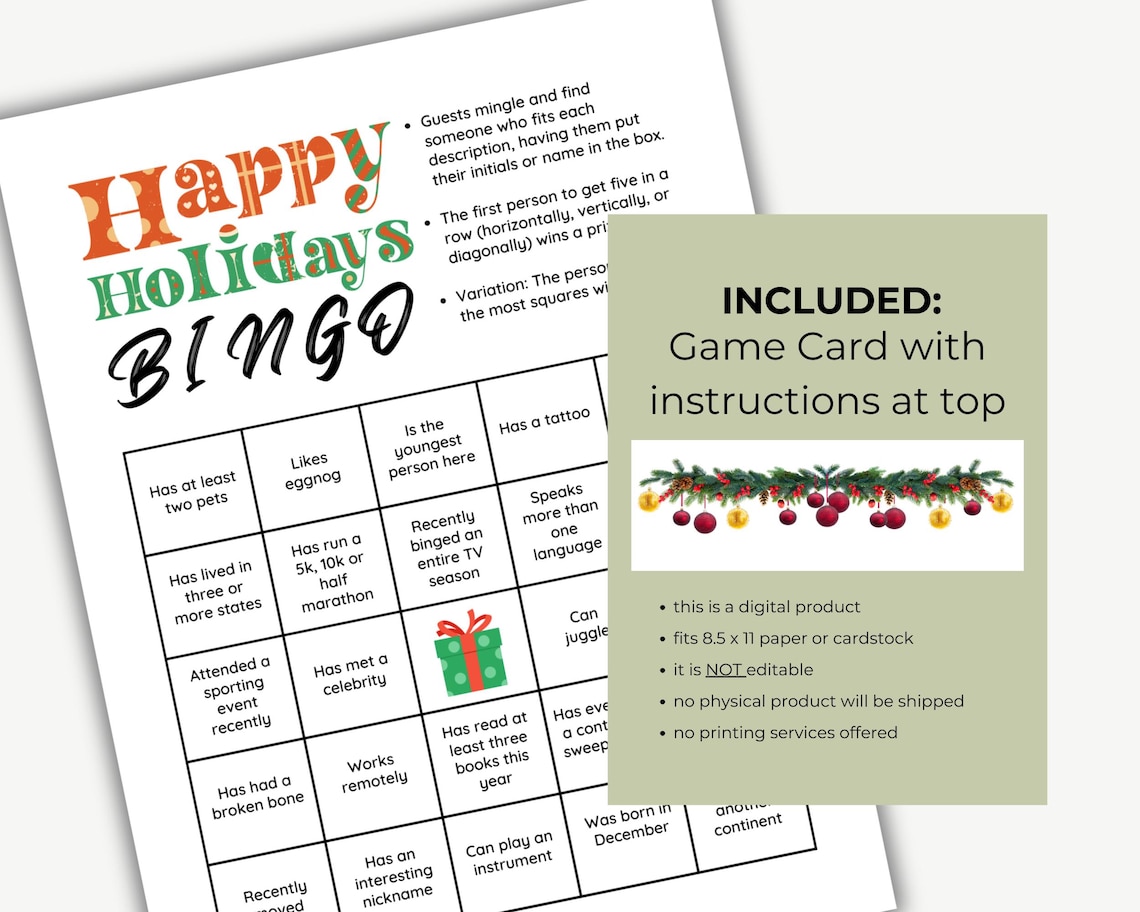 Happy Holiday Bingo, Get to Know You, Family Game Night, Find the Guest ...
