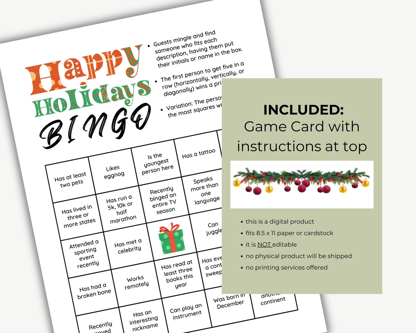 Happy Holiday Bingo, Get to Know You, Family Game Night, Find the Guest ...