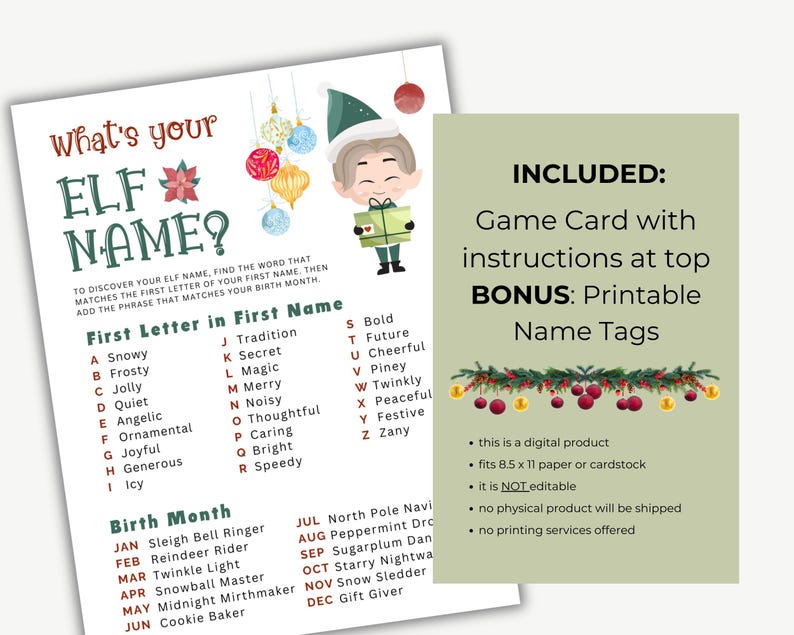 What's Your Elf Name? Printable Elf Name Generator With Bonus Name Tags ...
