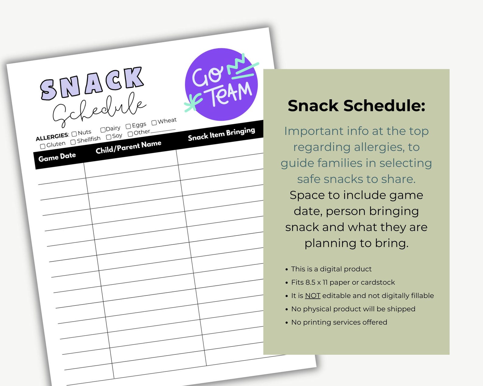 Team Snack Sign up Sheet, Sports Team Snack Sign Up, Food List, Allergy ...