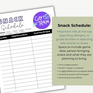 Team Snack Sign up Sheet, Sports Team Snack Sign Up, Food List, Allergy ...