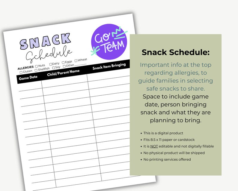Team Snack Sign up Sheet, Sports Team Snack Sign Up, Food List, Allergy ...