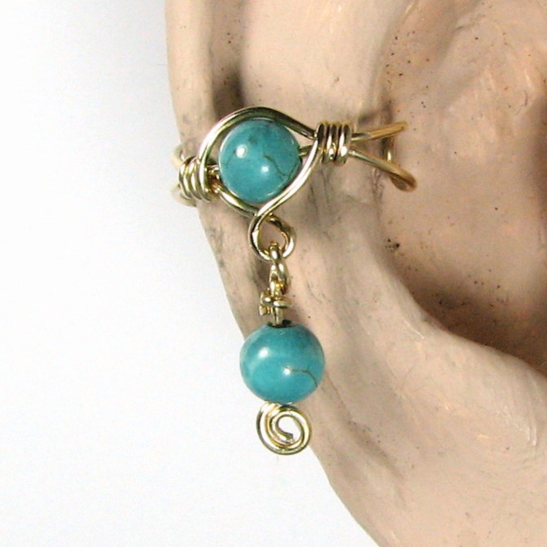 14k Gold Filled Dangle Ear Cuff Turquoise Dyed Howlite Choose Your Bead ...
