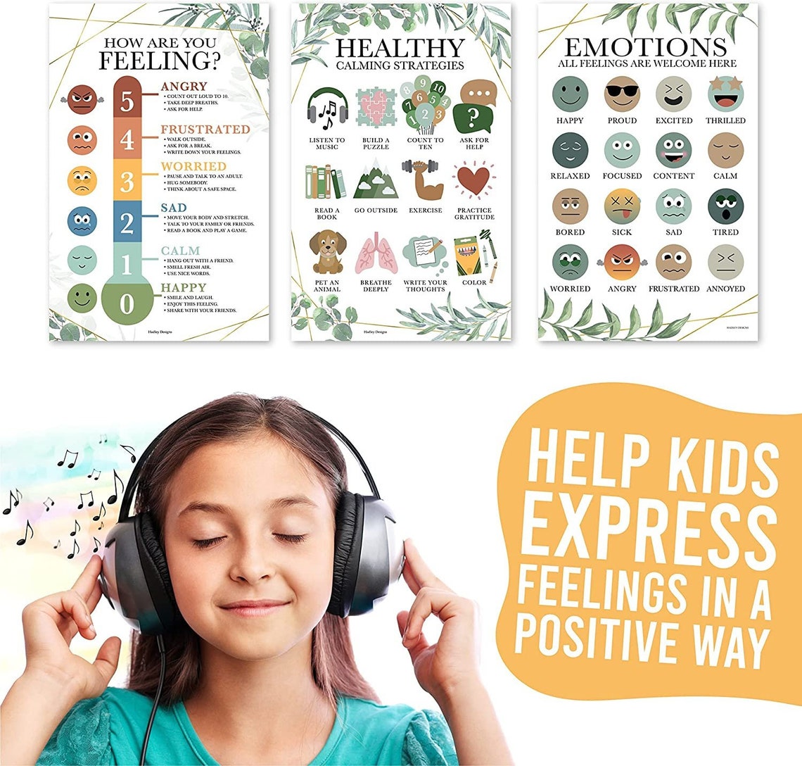 4 Greenery Feelings Chart for Kids Learning Posters for Walls List of ...