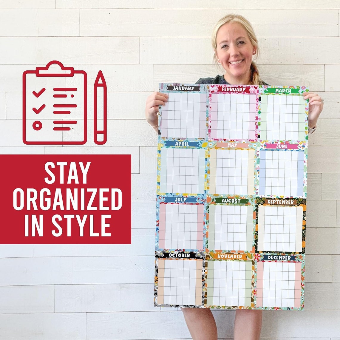 Doodle 12 Month Dry Erase Calendar for Wall Large Calendar Whiteboard ...