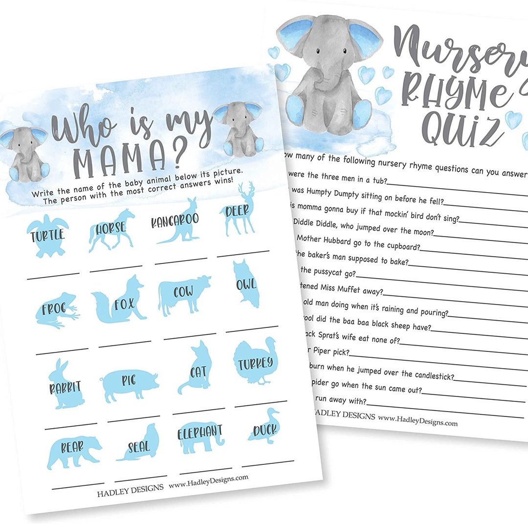 25 Blue Elephant Baby Shower Games Baby Animal Matching Game Baby ...