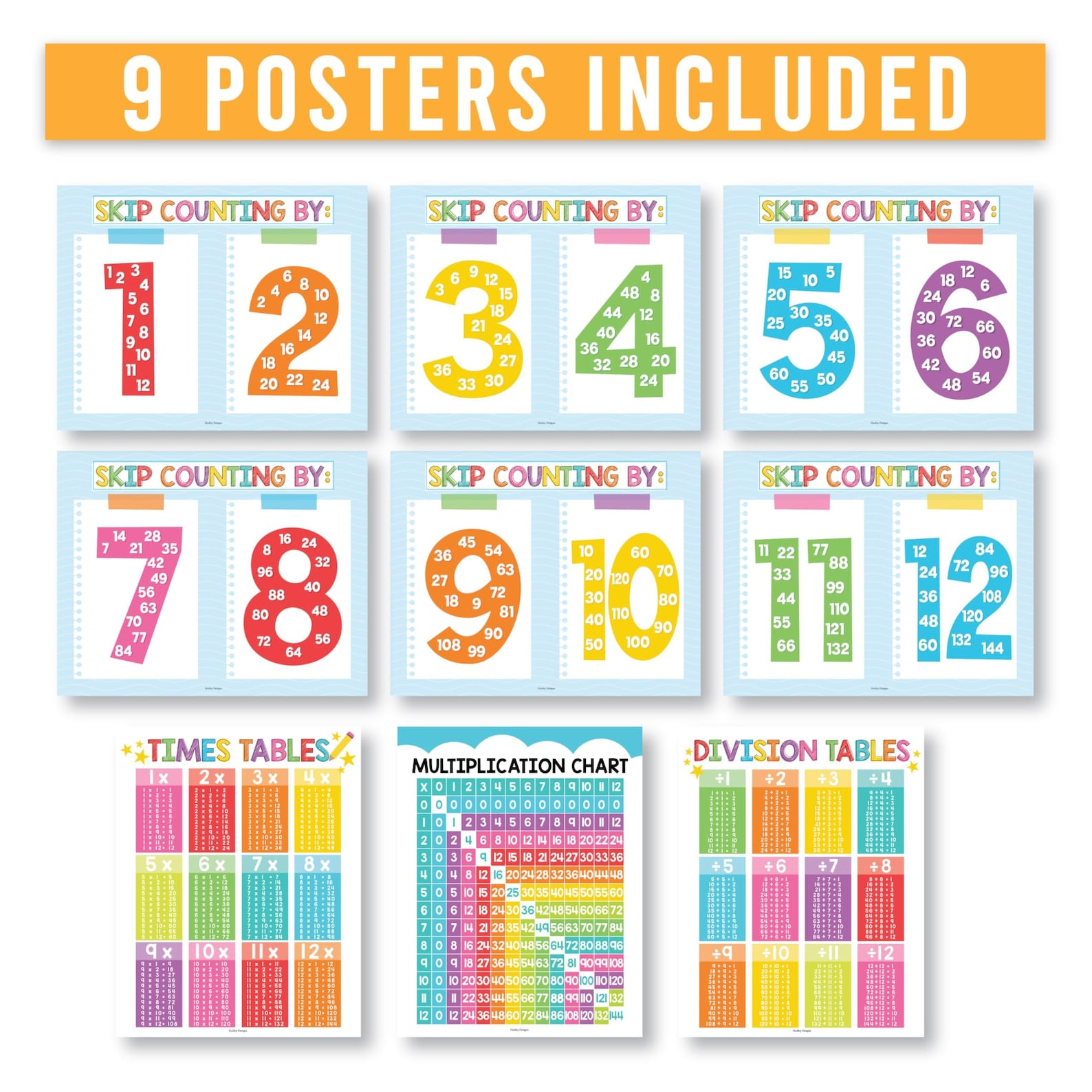 9 Colorful Multiplication Chart Poster for Wall Multiplication Poster ...