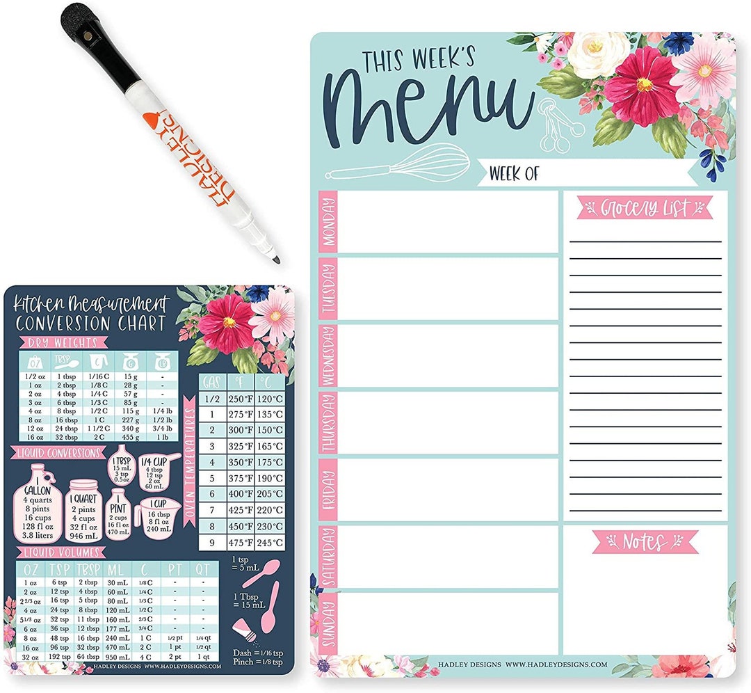 Weekly Meal Planner Dry Erase Board for Refrigerator Floral Magnetic ...