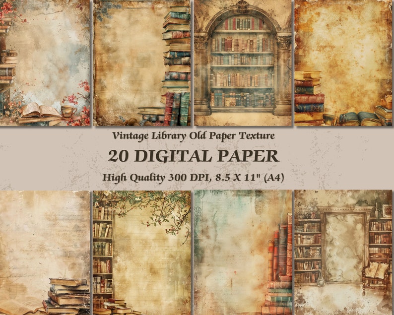 Vintage Library Old Texture Digital Paper L Books Design Watercolor ...