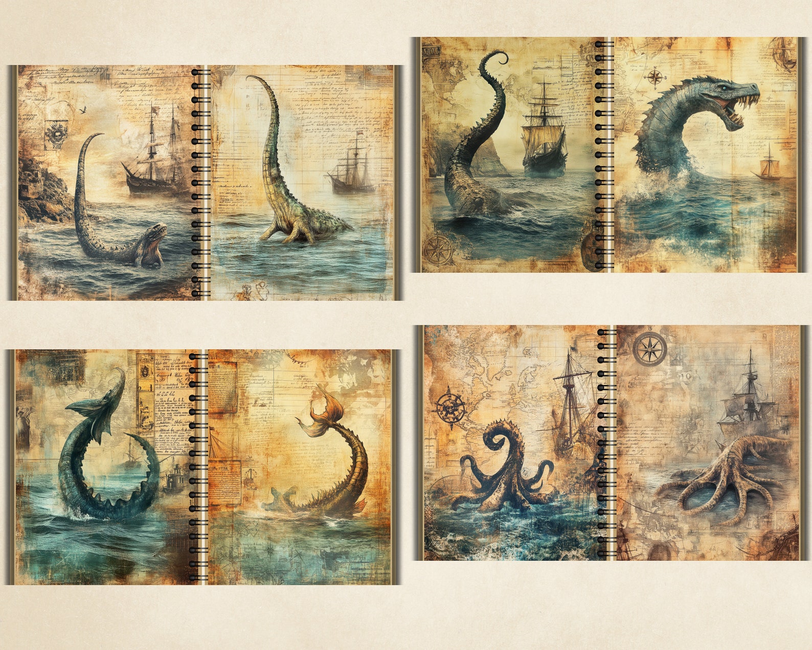 Scary Sea Monster on the Water Digital Paper L Printable Vintage ...