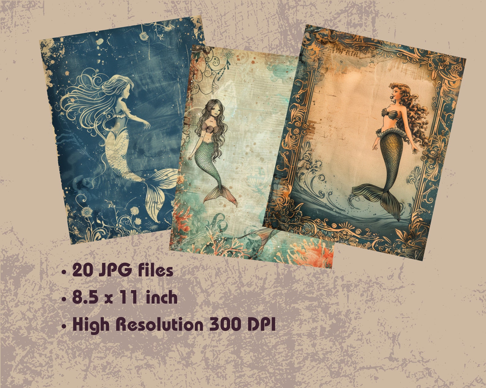 Romantic Mermaid Under the Sea Digital Paper Set L Vintage Old Texture ...