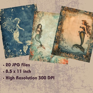 Romantic Mermaid Under the Sea Digital Paper Set L Vintage Old Texture ...