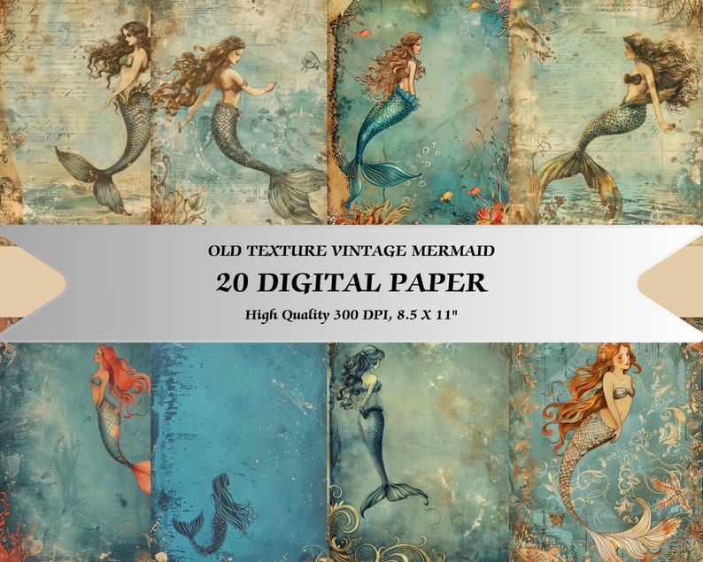 Romantic Mermaid Under the Sea Digital Paper Set L Vintage Old Texture ...