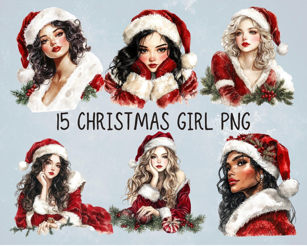 Kawaii Christmas Girls Digital Clip Art L Printable Santa Women Image ...