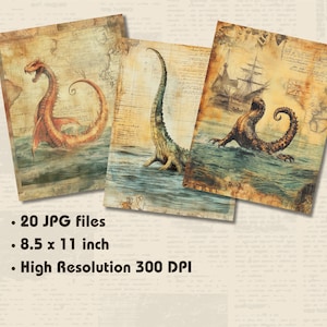 Scary Sea Monster on the Water Digital Paper L Printable Vintage ...