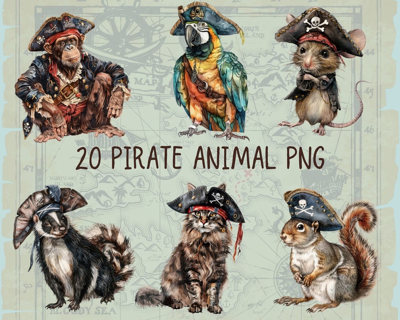 Watercolor Pirate Animal Digital Clipart L Printable Cute Animals With ...