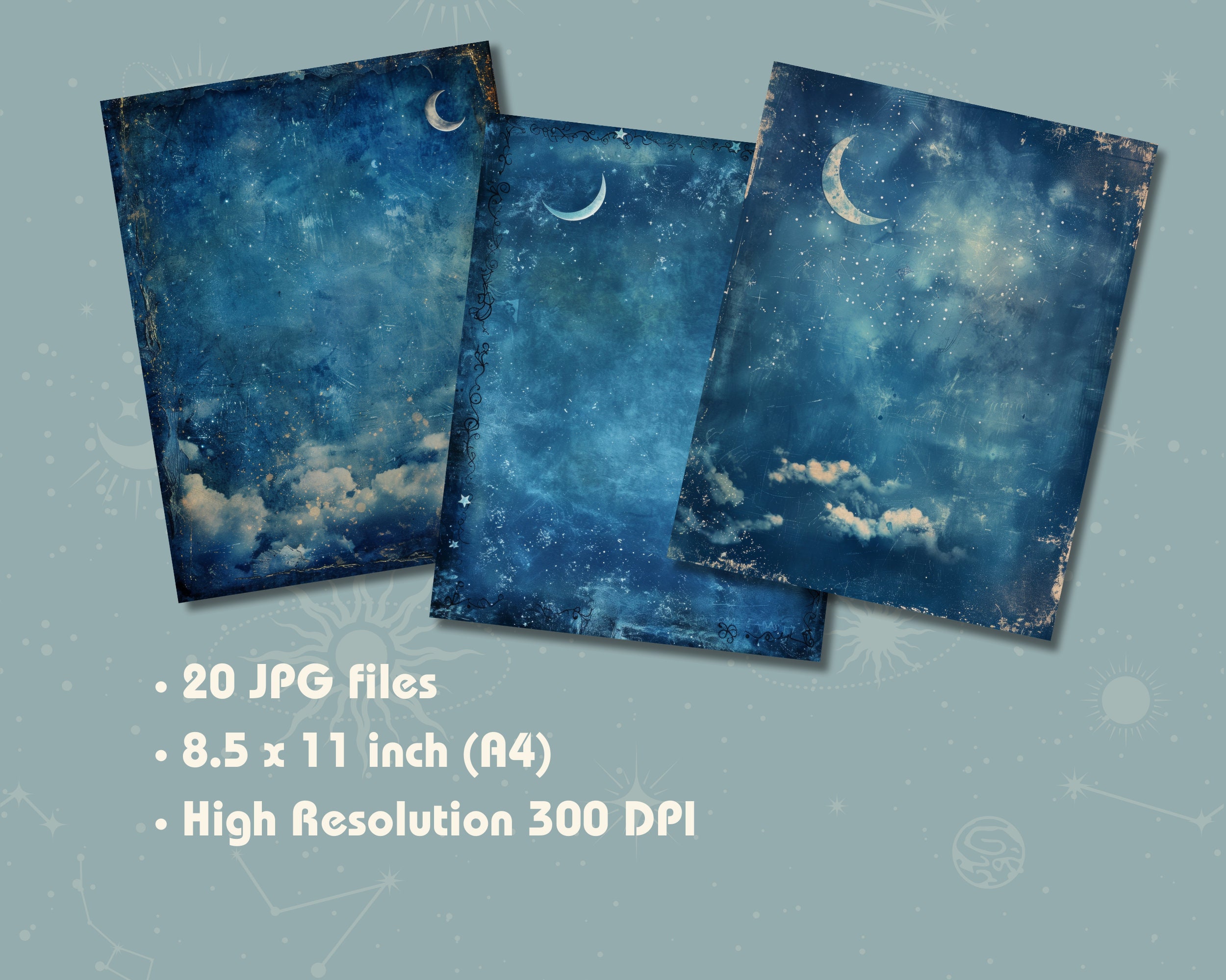 Calm Dark Night Vintage Digital Paper L Printable Moon Stars Design on ...