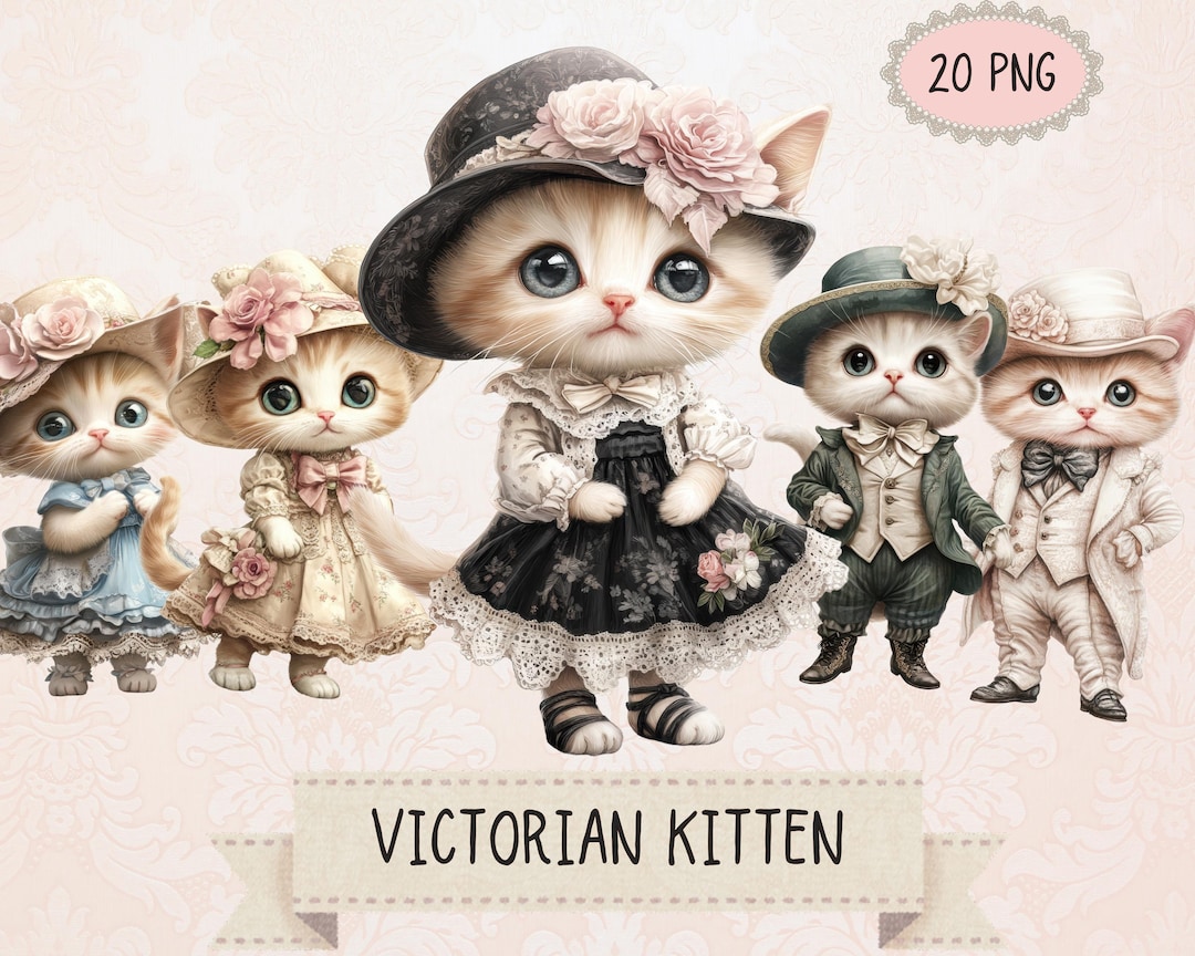 Kawaii Victorian Kitten Digital Clip Art L Printable Rococo Design Cat ...