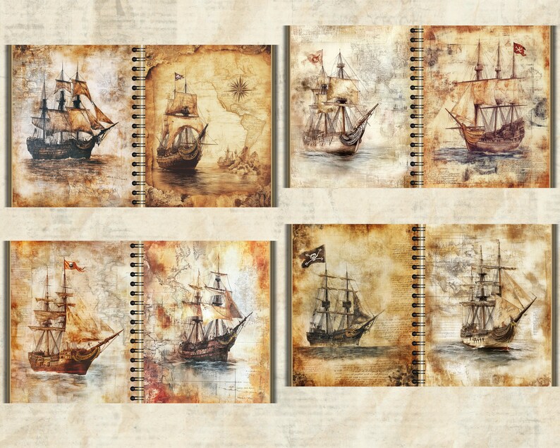 Vintage Pirate Ship Design Digital Paper L Printable Old Distressed ...