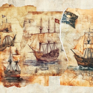 Vintage Pirate Ship Design Digital Paper L Printable Old Distressed ...