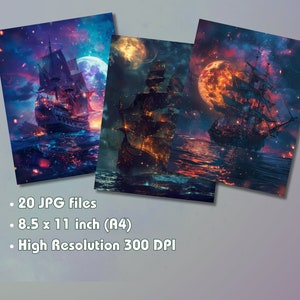 Dreamy Fantasy Pirate Ship Digital Paper L Printable Dark Night Ocean ...