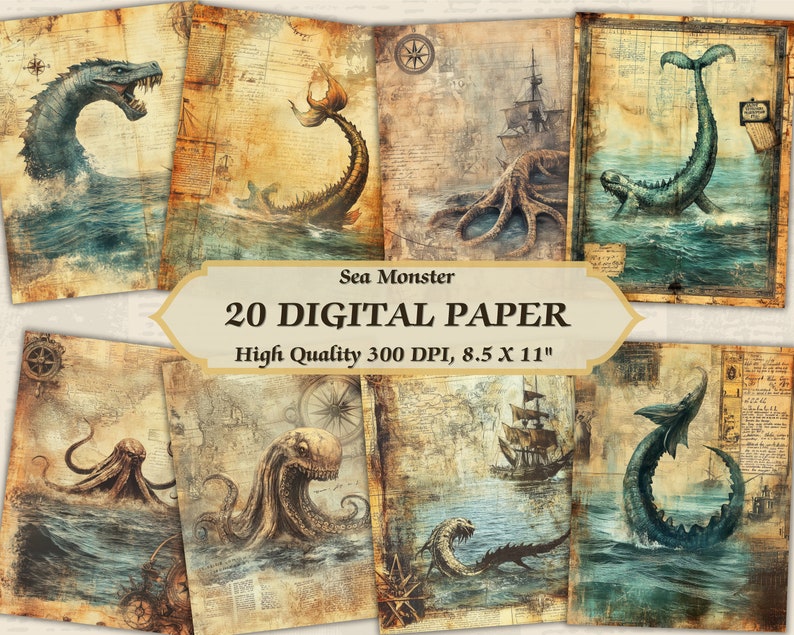 Scary Sea Monster on the Water Digital Paper L Printable Vintage ...