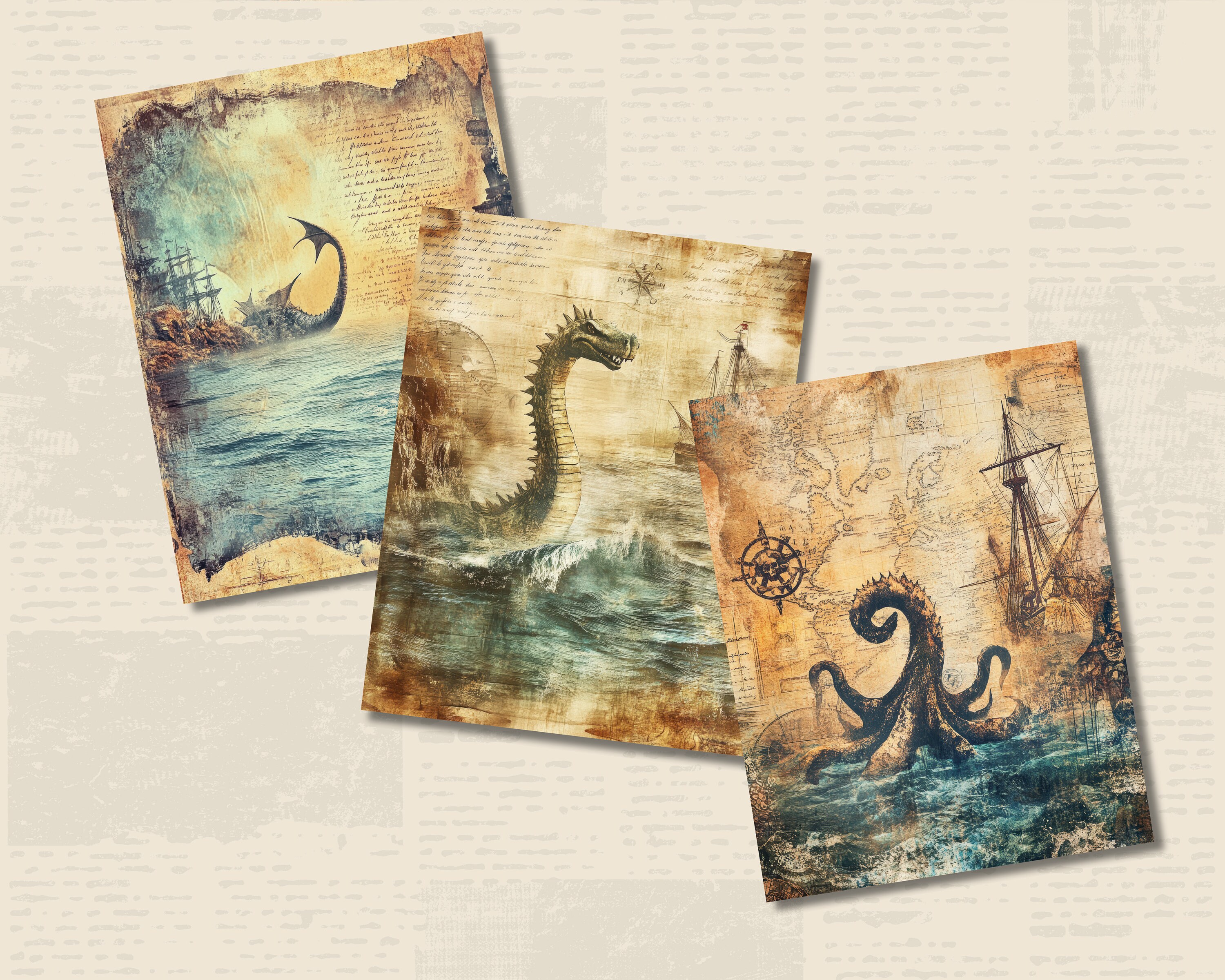 Scary Sea Monster on the Water Digital Paper L Printable Vintage ...