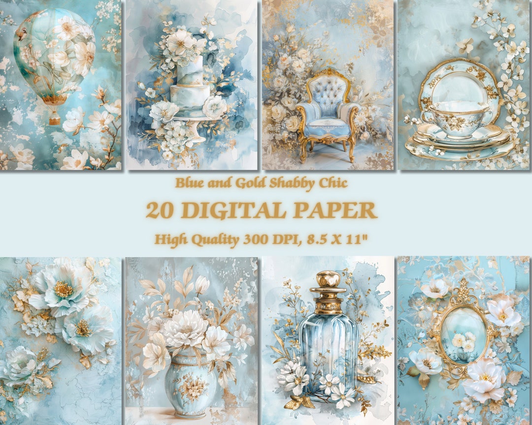 Romantic Blue and Gold Shabby Chic Design Digital Paper L Luxury ...
