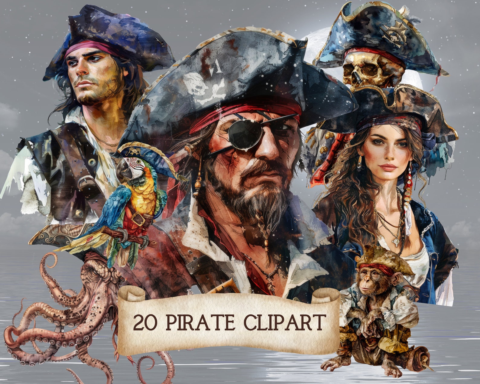 Watercolor Pirate Design Digital Clip Art L Printable Transparent ...