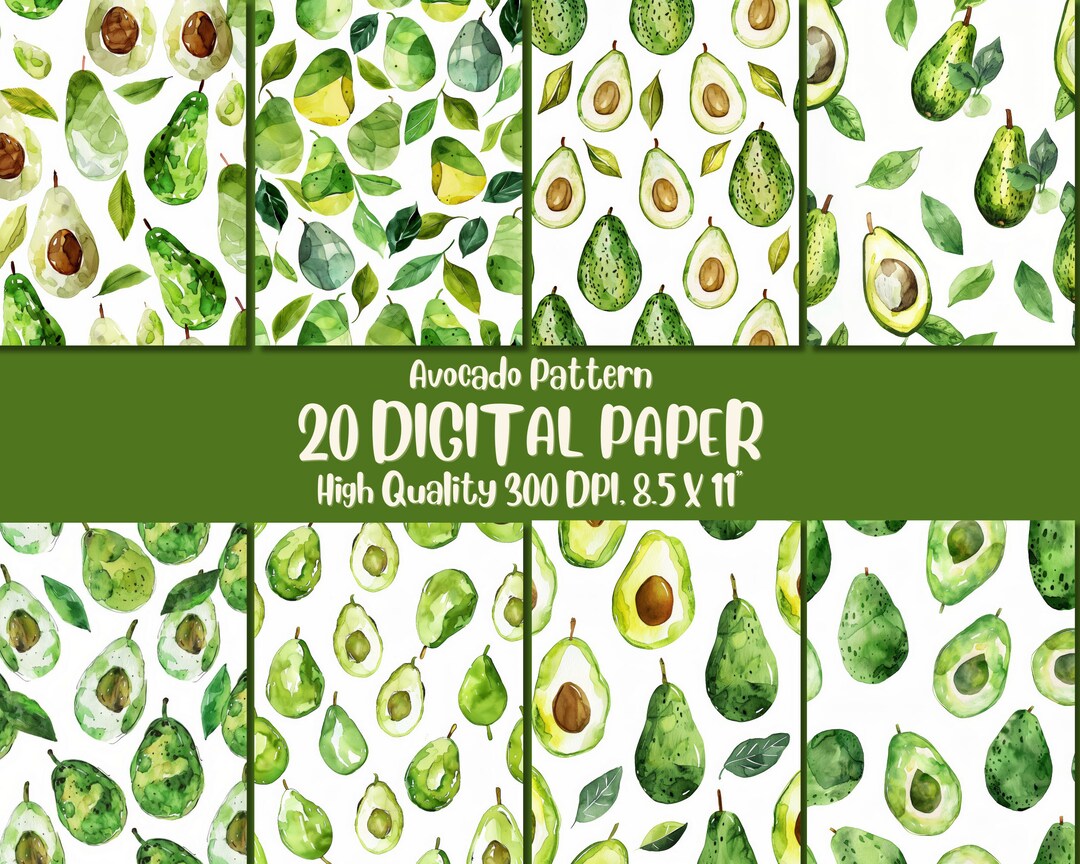 Cute Green Avocado Pattern Digital Paper L Watercolor Vegetable Design ...