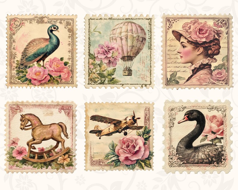 Vintage Victorian Post Stamp Design Digital Clipart L Printable Floral ...