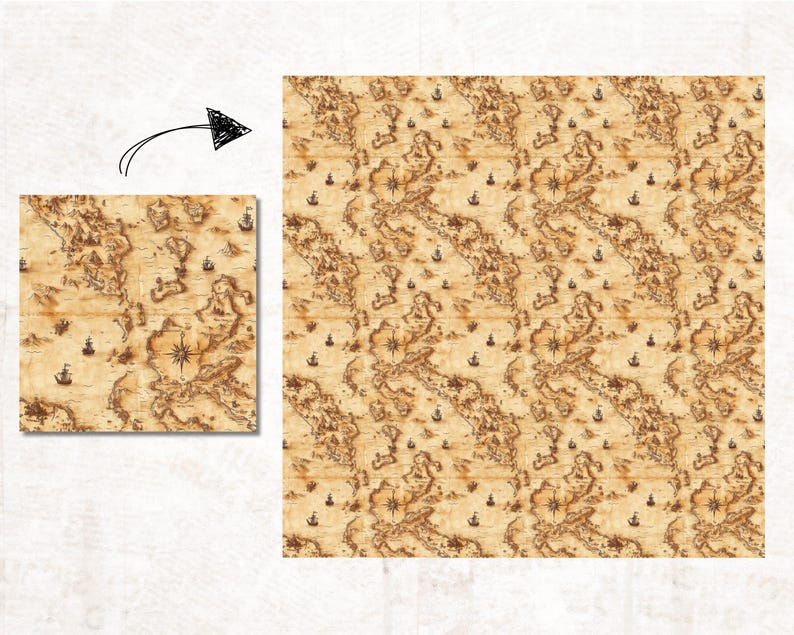 Vintage Treasure Map Design Digital Seamless Pattern L Printable Pirate ...