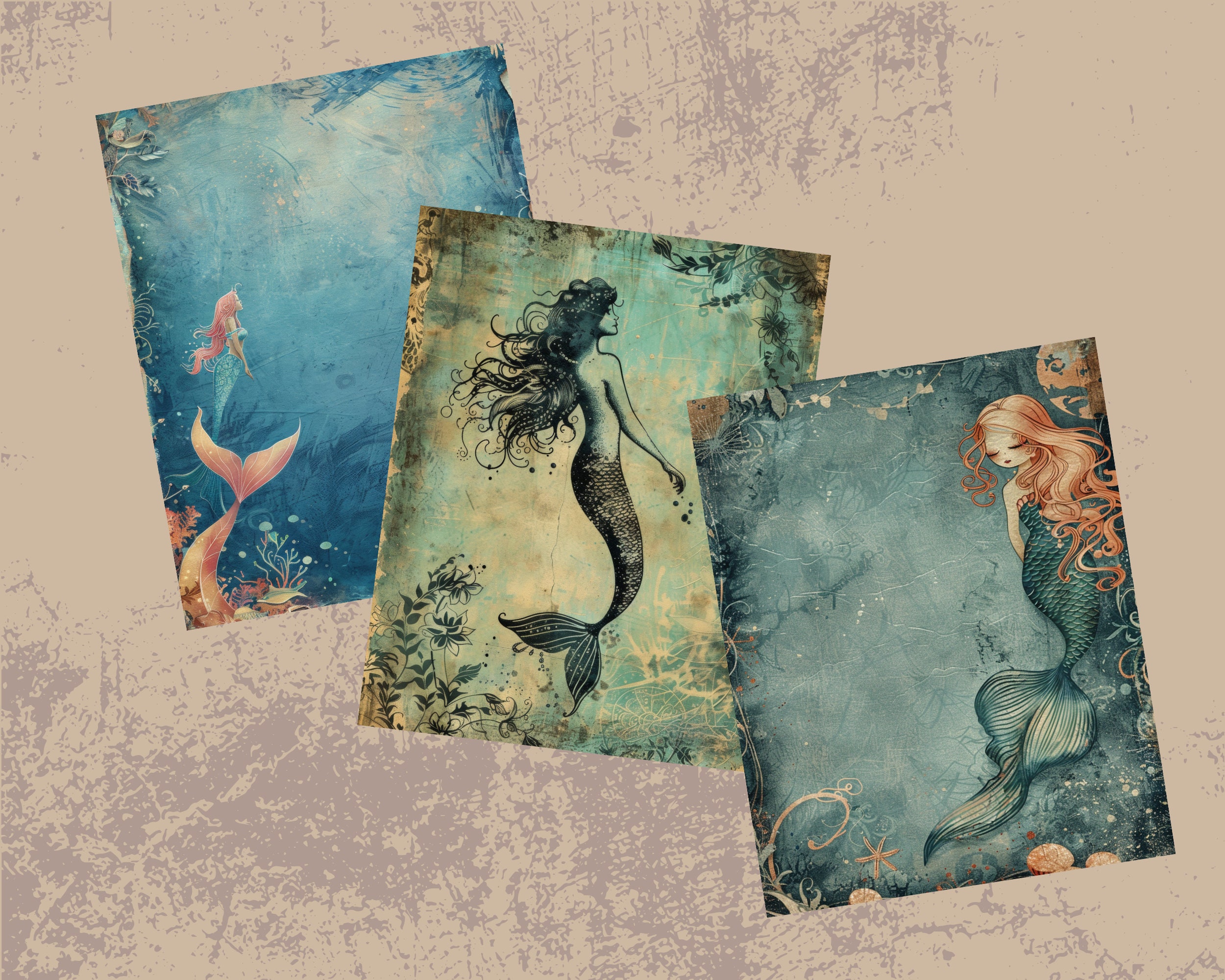 Romantic Mermaid Under the Sea Digital Paper Set L Vintage Old Texture ...