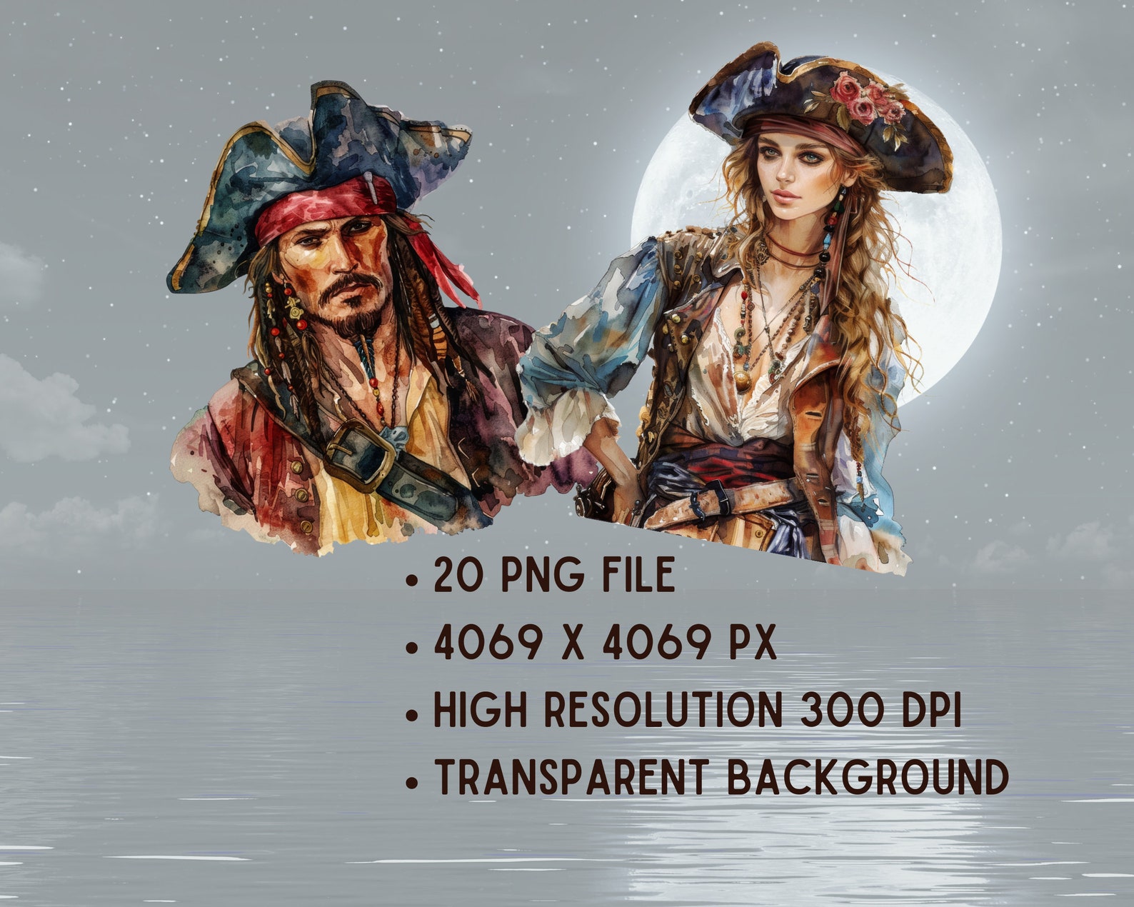 Watercolor Pirate Design Digital Clip Art L Printable Transparent ...
